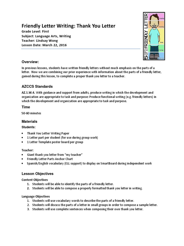 Observation 5 Lesson Plan - Writing - Thank You Letter - Mar 22 | PDF ...