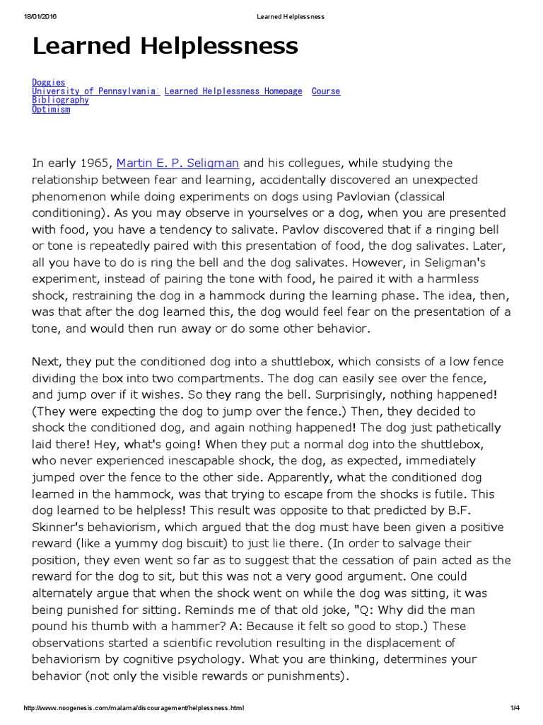 Learned Helplessness: Martin E. P. Seligman | PDF | Optimism | Psychological Schools