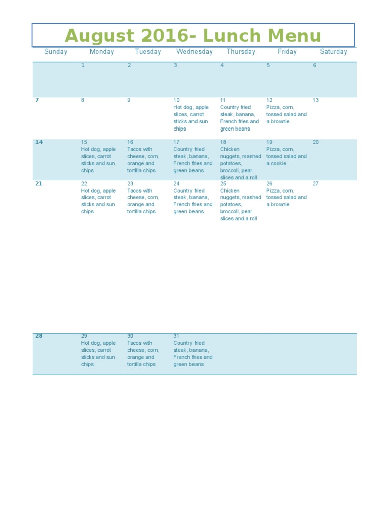 August 2016 Weekly Lunch Menu | PDF | Cooking, Food & Wine