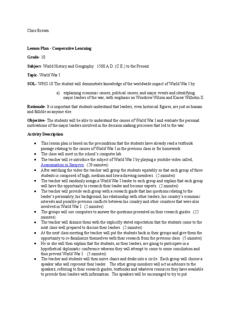 World War I Lesson Plan for 10th Grade | PDF | Lesson Plan | Cognition