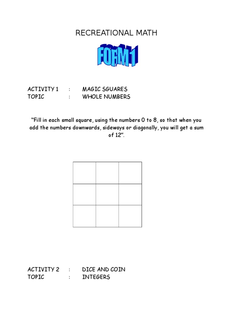 Recreational Math: Activity 1: Magic Sguares Topic: Whole Numbers | PDF ...