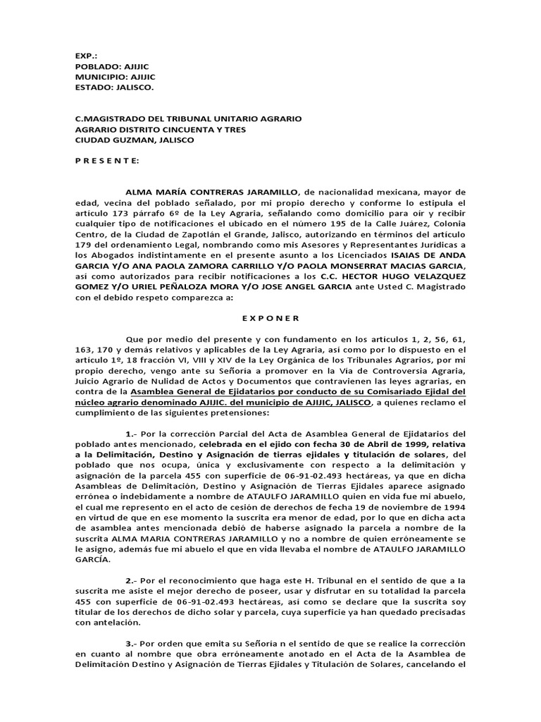 ejemplo de Demanda-Agrario | Posesión (Ley) | Demanda judicial