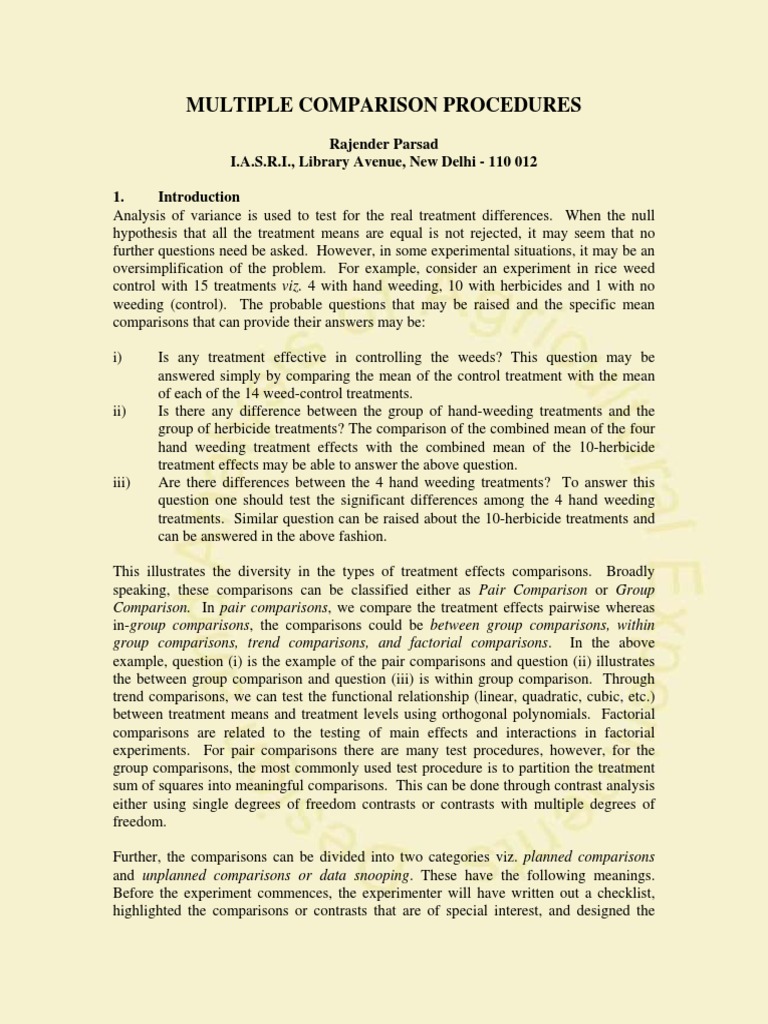 Multiple Comparison Procedures: Rajender Parsad I.A.S.R.I., Library Avenue, New Delhi - 110 012 ...