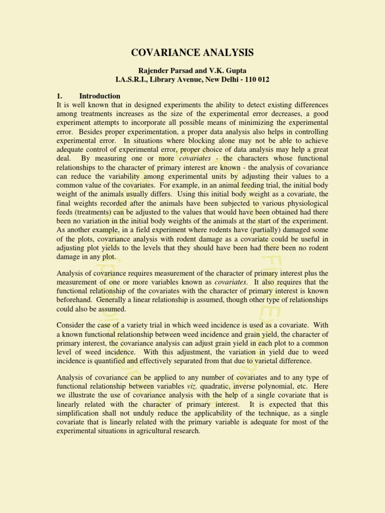 Covariance Analysis: Rajender Parsad and V.K. Gupta I.A.S.R.I., Library ...