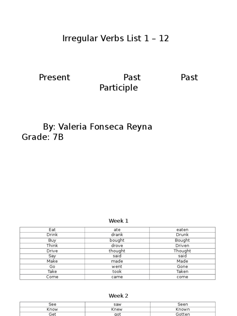 Irregular Verbs Weeks 1 To 6 | PDF
