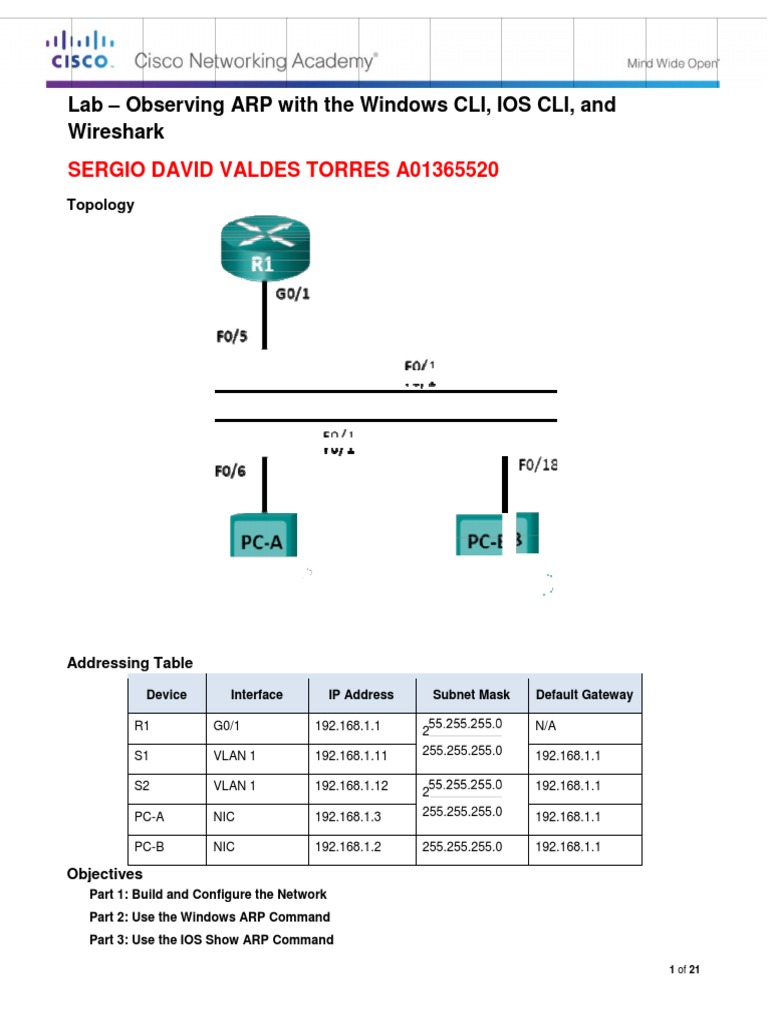 Sergio David Valdes Torres A01365520: Lab - Observing ARP With The Windows CLI, IOS CLI, and ...