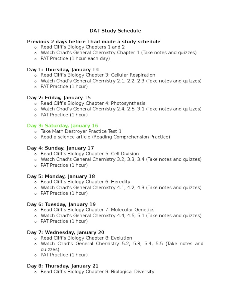 DAT Study Schedule | PDF | Quiz | Biology