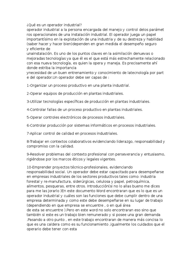 Funciones del Operador Industrial | PDF | Calidad (comercial ...
