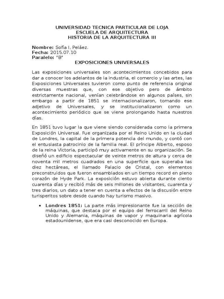 Tarea. Exposiciones Universales | PDF | Feria Mundial | París