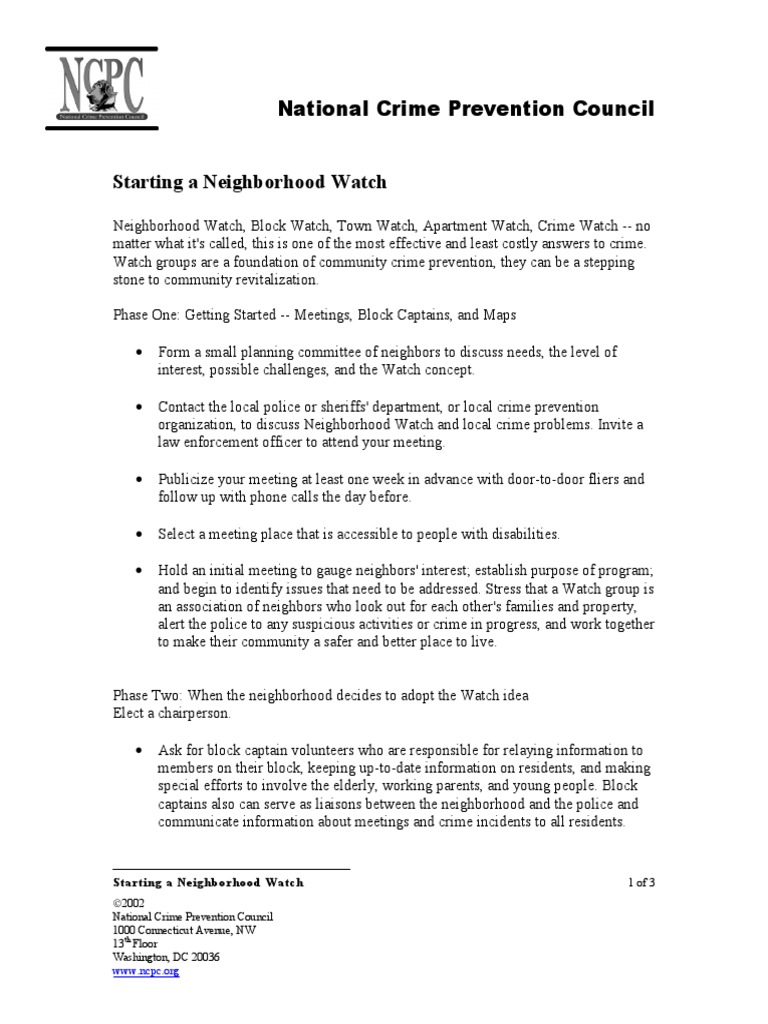 Starting Neighborhood Watch Guide | PDF | Police | Crime Prevention