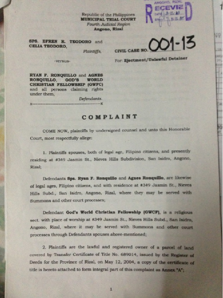 Ejectment Sample PDF | PDF