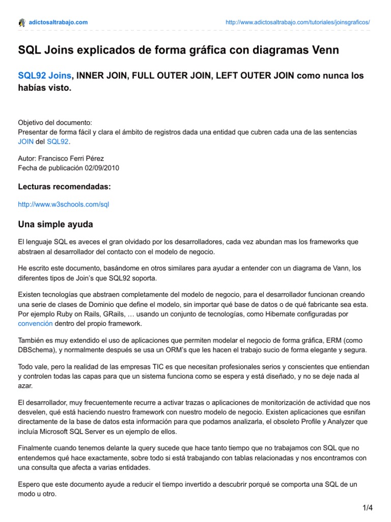 SQL Joins Explicados de Forma Gráfica Con Diagramas Venn | PDF | Marco ...