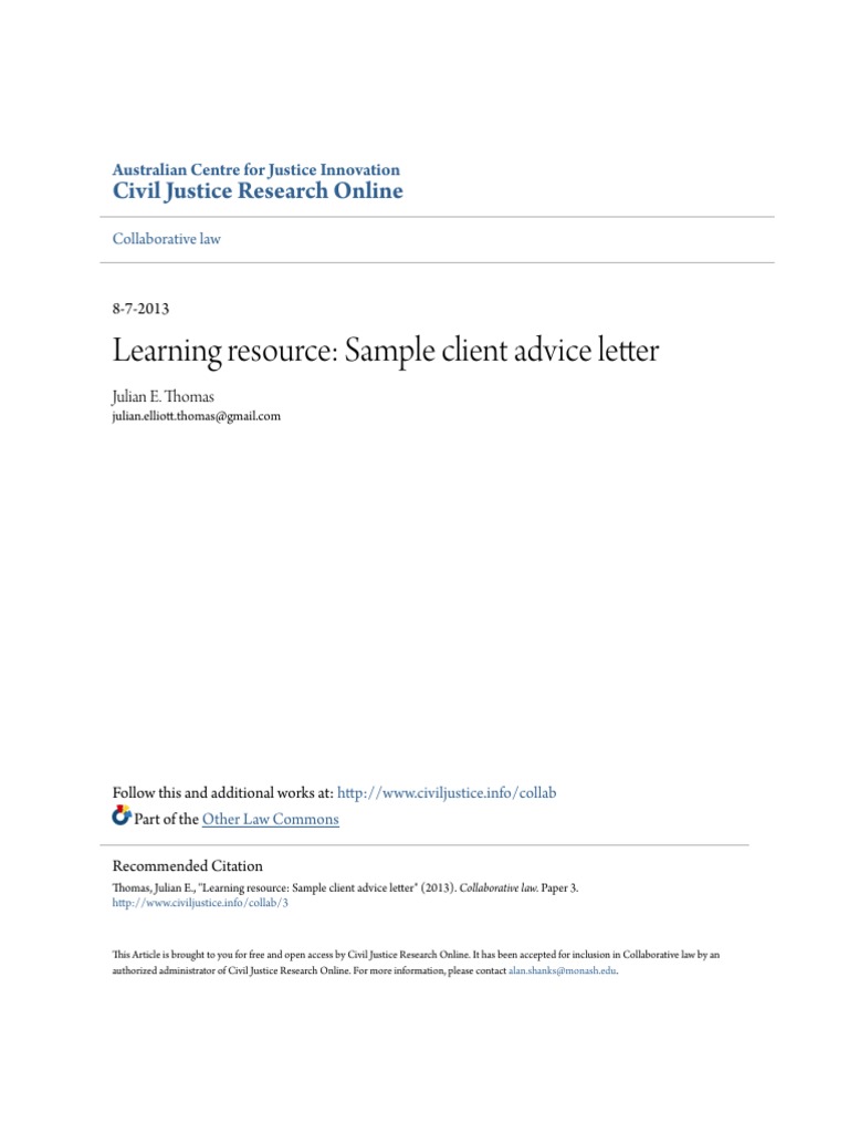 Learning Resource- Sample Client Advice Letter | Mediation ...