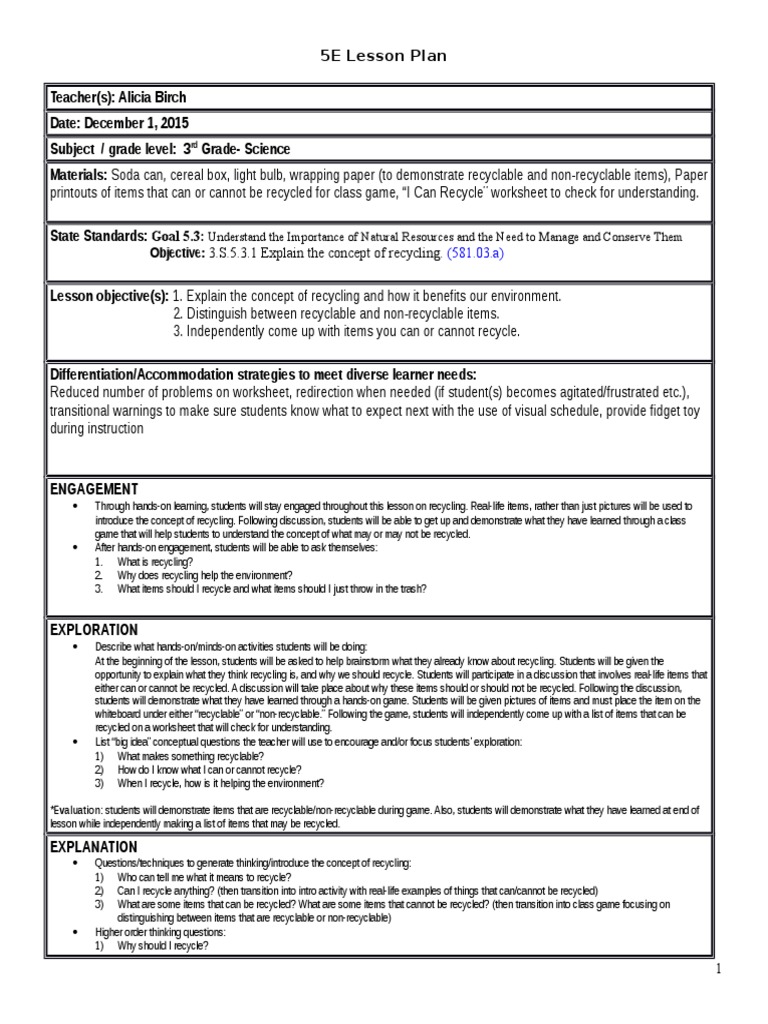 3rd Grade Recycling Lesson Plan | PDF | Lesson Plan | Recycling