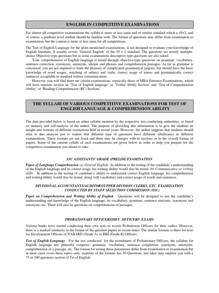 English in Competitive Examination | PDF | Test (Assessment) | Reading ...