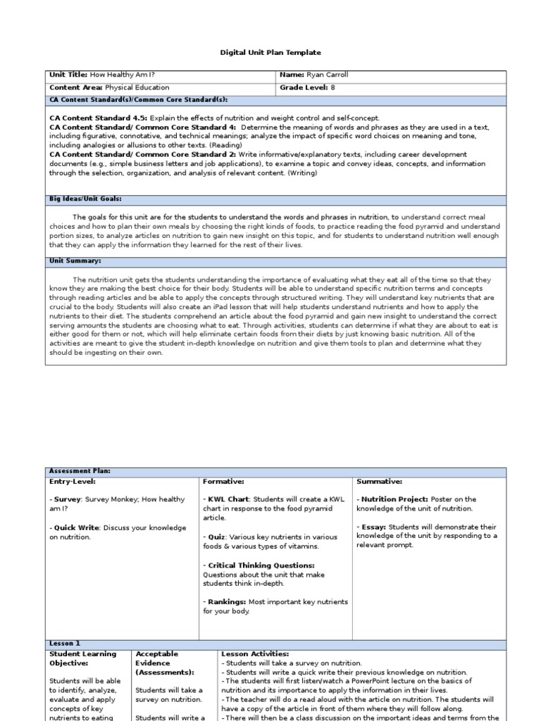 8th Grade Nutrition Unit Plan | PDF | Nutrition | Diet & Nutrition