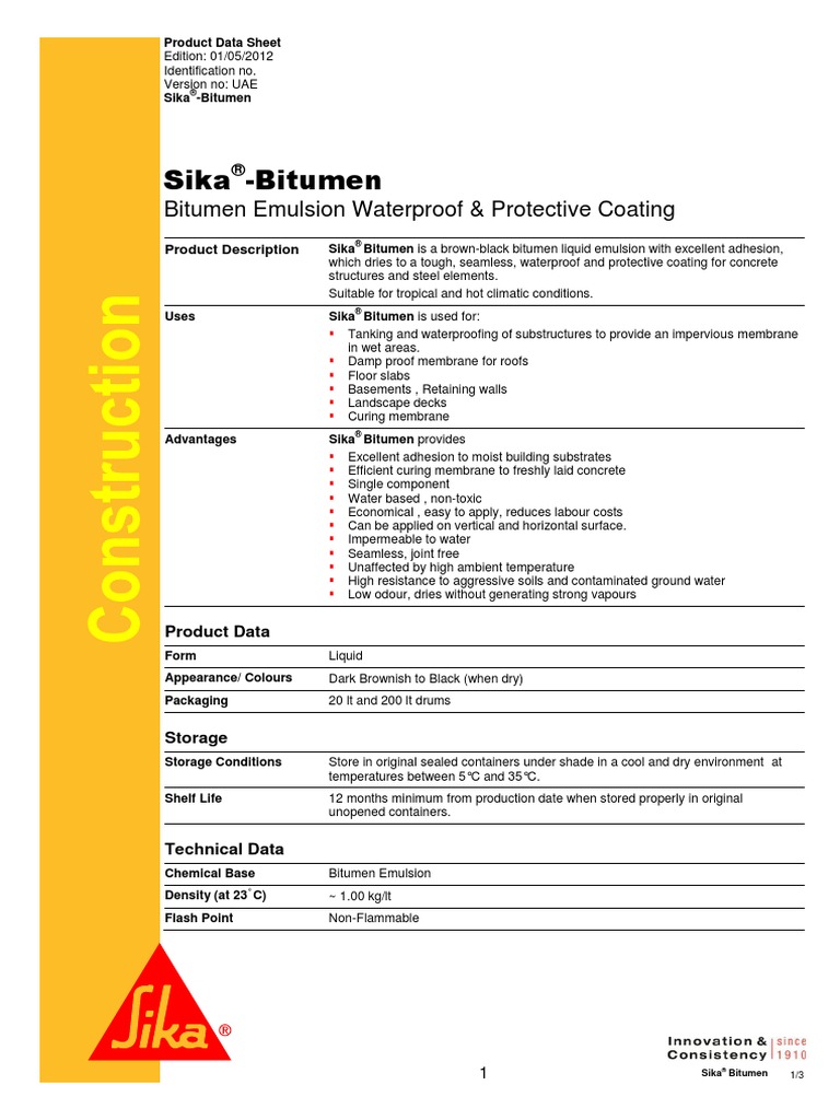 Sika - Bitumen: Bitumen Emulsion Waterproof & Protective Coating | PDF | Asphalt | Concrete