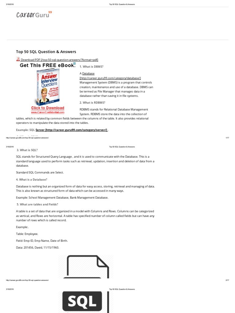 Top 50 SQL Question & Answers | PDF | Database Index | Relational Database
