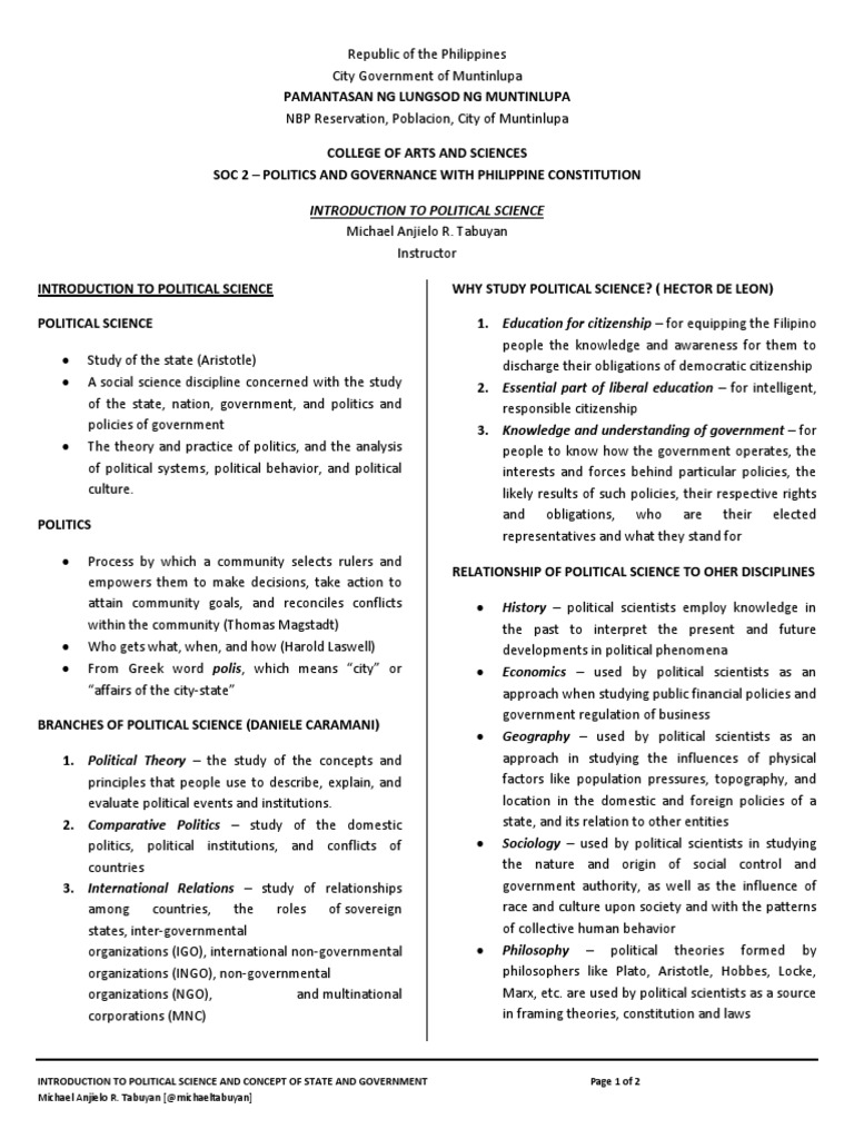 Introduction To Political Science and Concept of State and Government ...