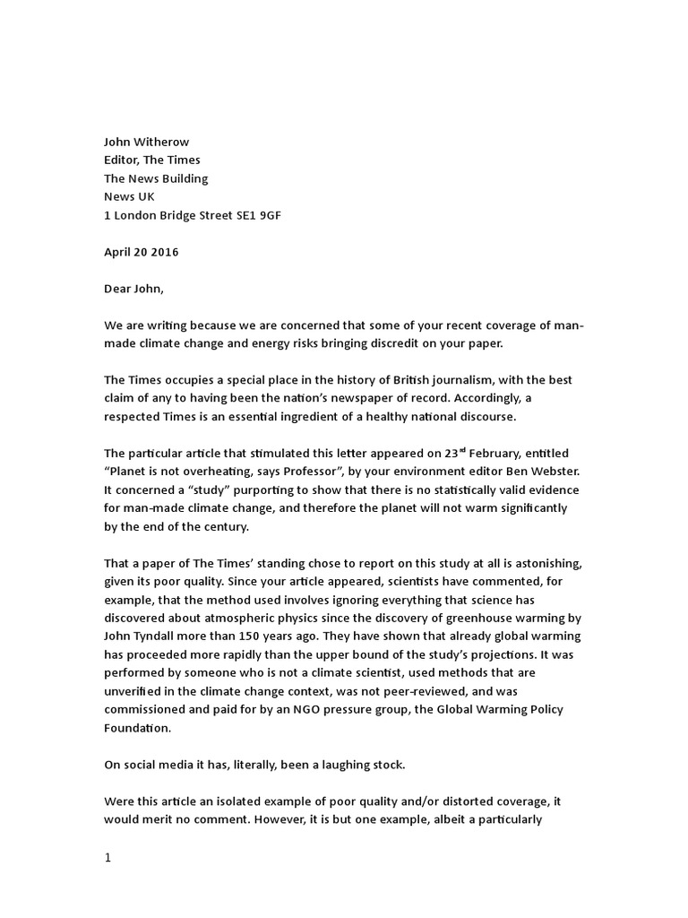 Letter To The Times Re Climate Change Coverage | PDF | Global Warming ...