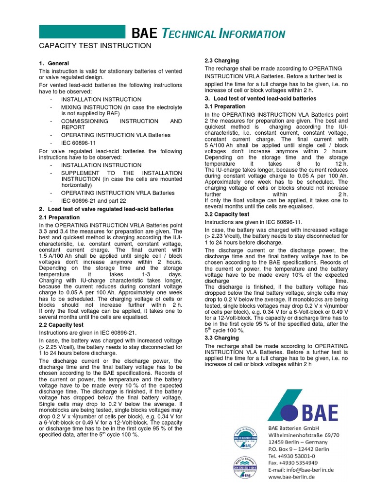 BAE Capacity Test Instruction 2010.06 | PDF | Battery (Electricity ...
