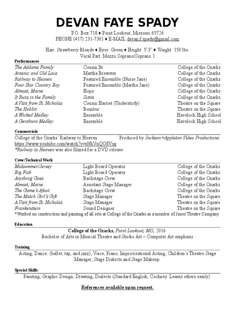 Devan Faye Spady: Theatre Resume | PDF | Art