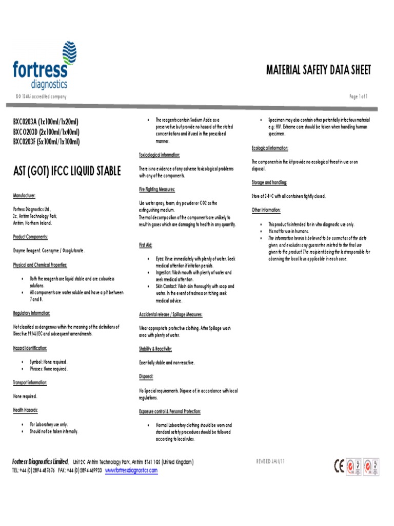 MSDS for AST (GOT) IFCC LIQUID STABLE Reagent Kit | PDF | Safety ...