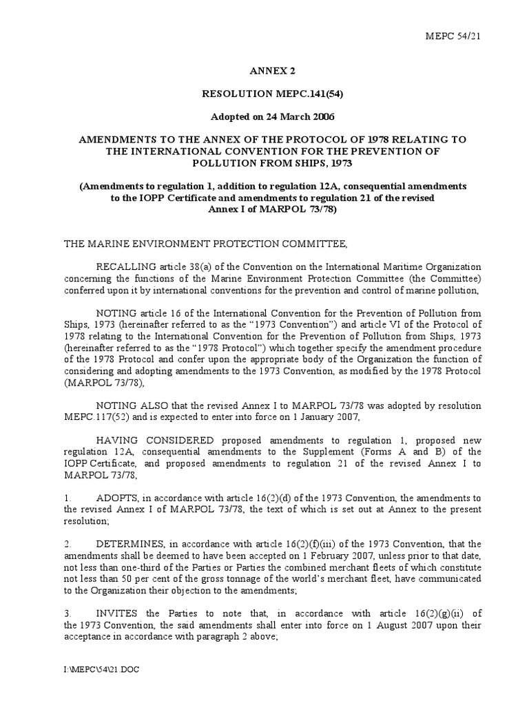 MEPC 54/21 Amendments to MARPOL Annex I Regulations on Oil Fuel Tank Protection | PDF ...