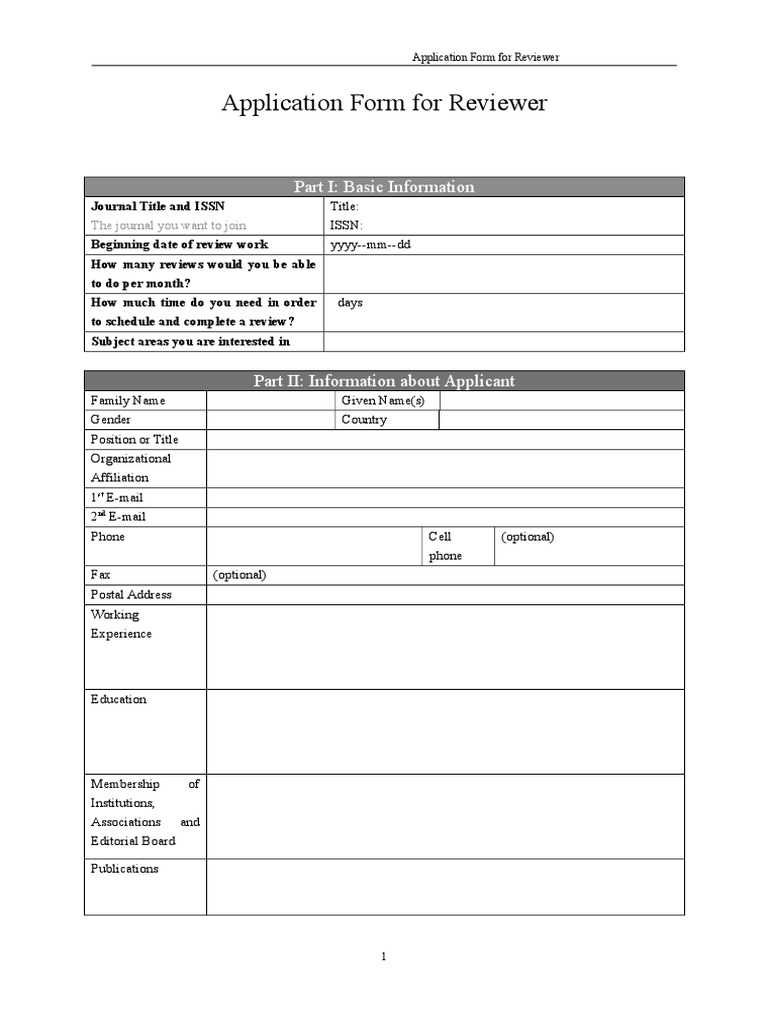 Application Form For Reviewer: Part I: Basic Information | PDF