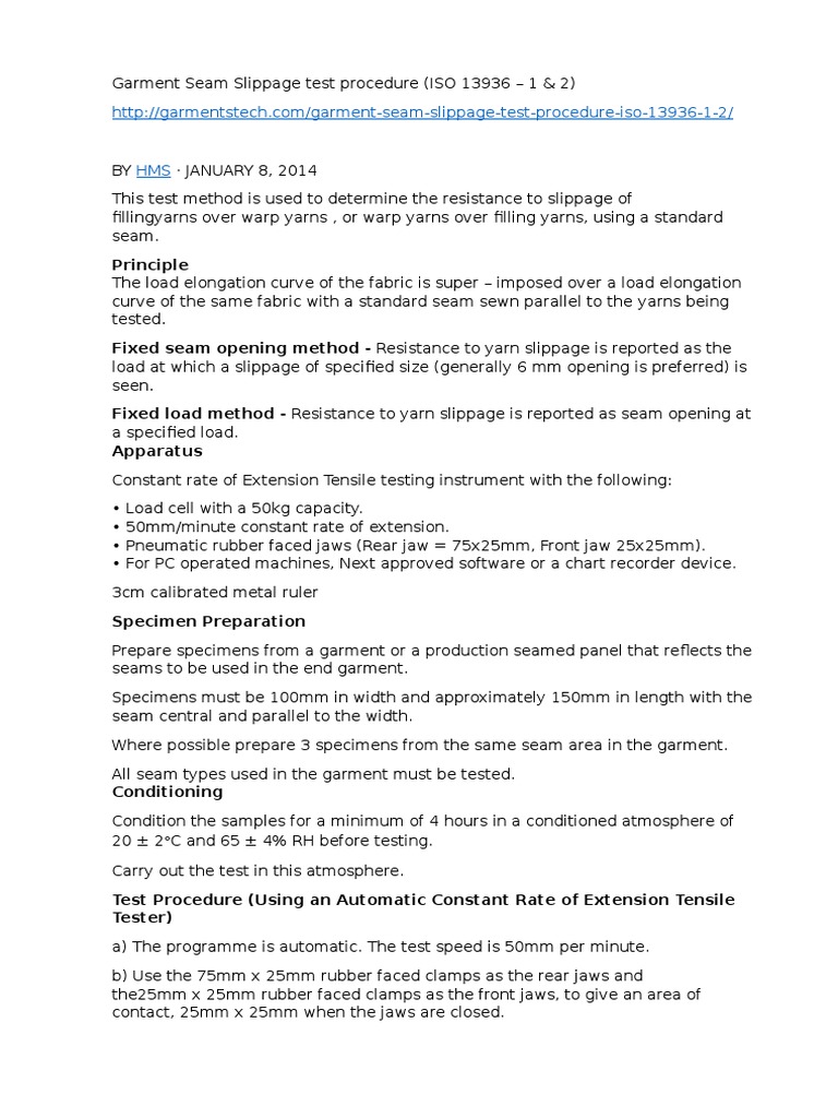 Garment Seam Slippage Test Procedure | PDF | Seam (Sewing ...