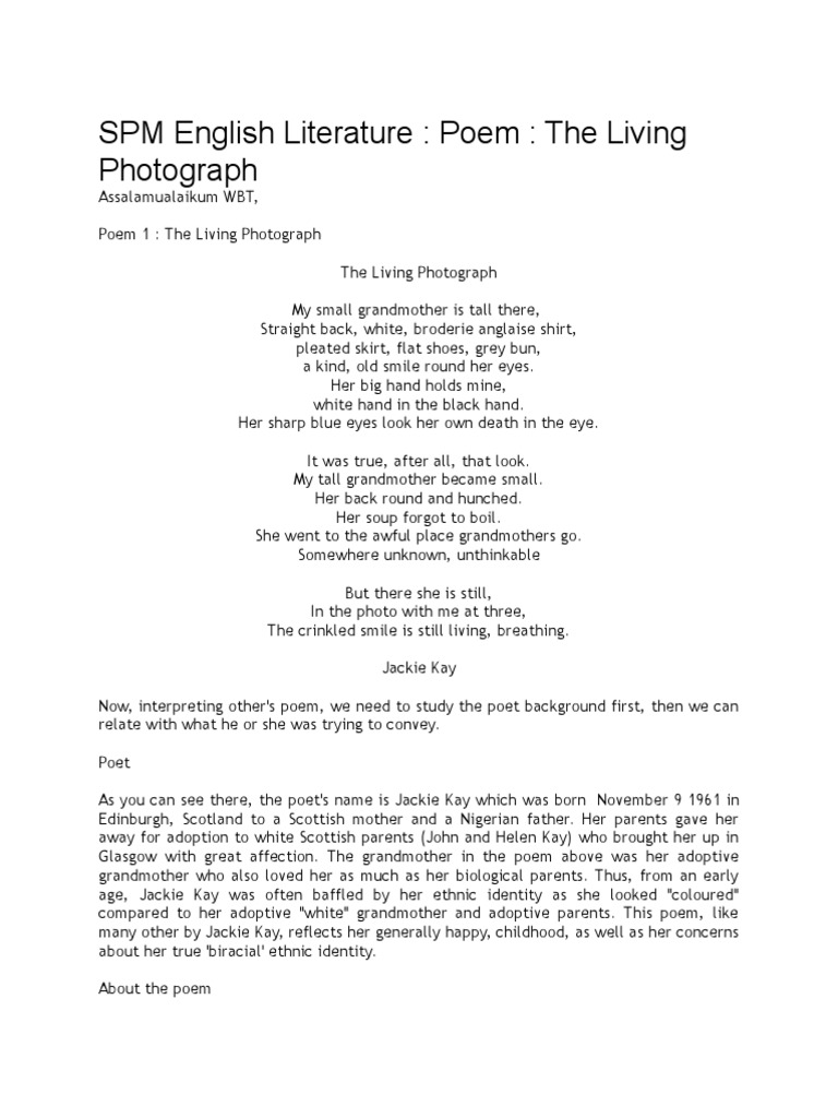 SPM English Literature: Poem: The Living Photograph | PDF | Poetry | Family