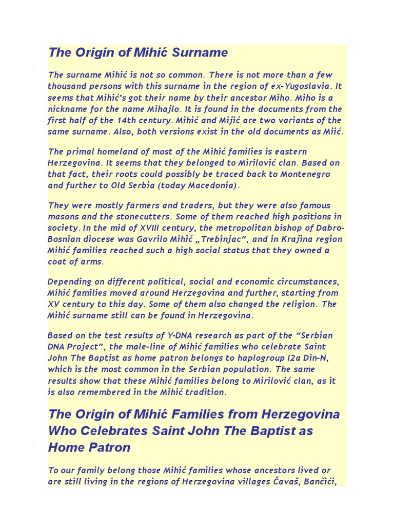 Origin of the Mihić Surname | PDF | Balkans | Religion And Belief