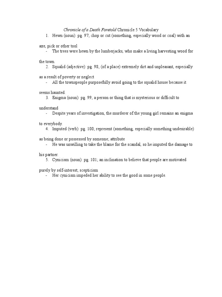 Chronicle of A Death Foretold Chronicle 5 Vocabulary | PDF