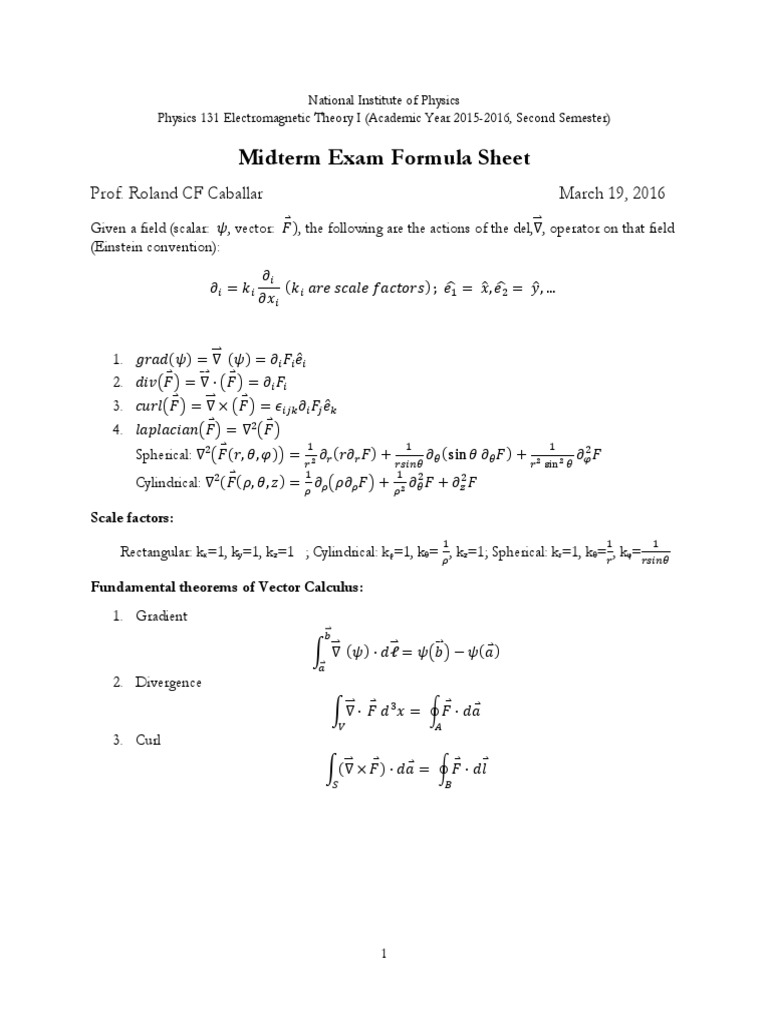 Electromagnetic Theory Midterm Formulas | PDF
