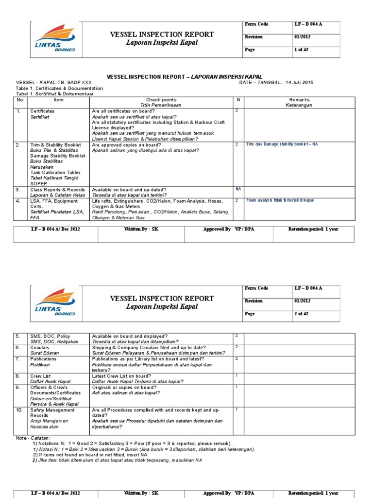 LF-D 004A LAPORAN INSPEKSI KAPAL - Vessel Inspection Report (2nd) | PDF ...