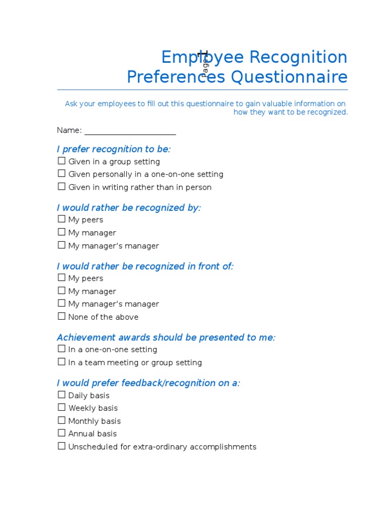 Employee Recognition Preferences Questionnaire | Employment | Economies