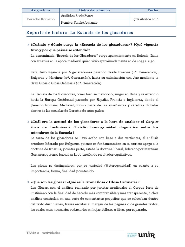 Reporte de Lectura - La Escuela de Los Glosadores-SAPP | PDF | Ley ...