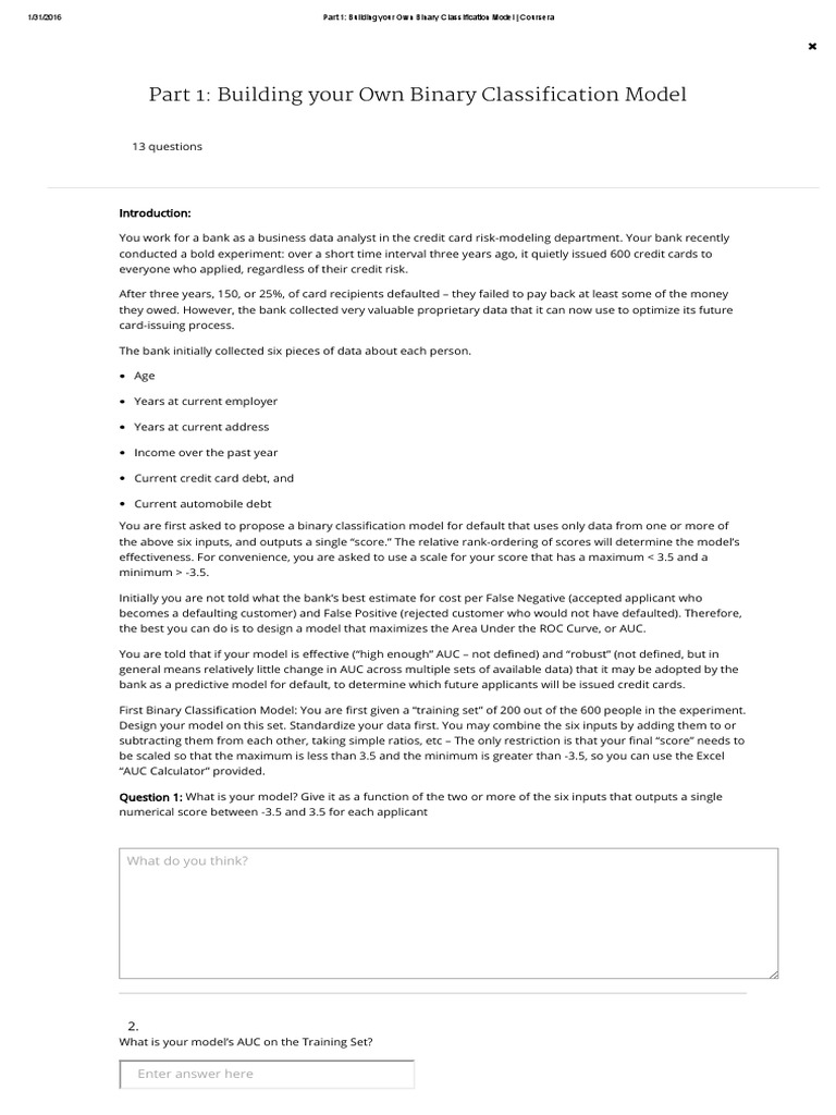 Part 1 - Building Your Own Binary Classification Model - Coursera | PDF ...