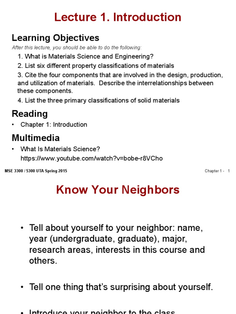 MSE 3300-Lecture Note 01-Chapter 01 Introduction | PDF | Materials Science | Metals