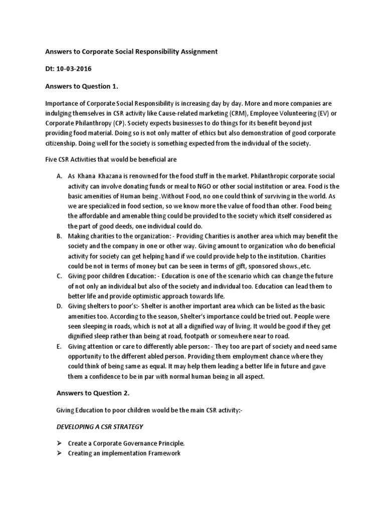 Answers To Corporate Social Responsibility Assignment DT: 10-03-2016 ...