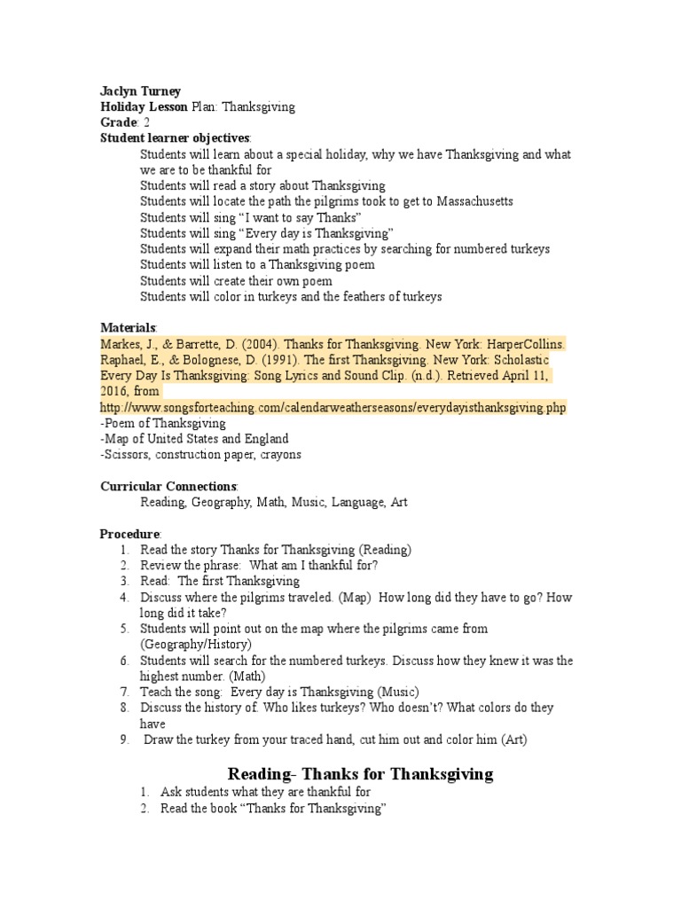 Holiday Lesson Plan Thanksgiving | PDF | Thanksgiving | Lesson Plan