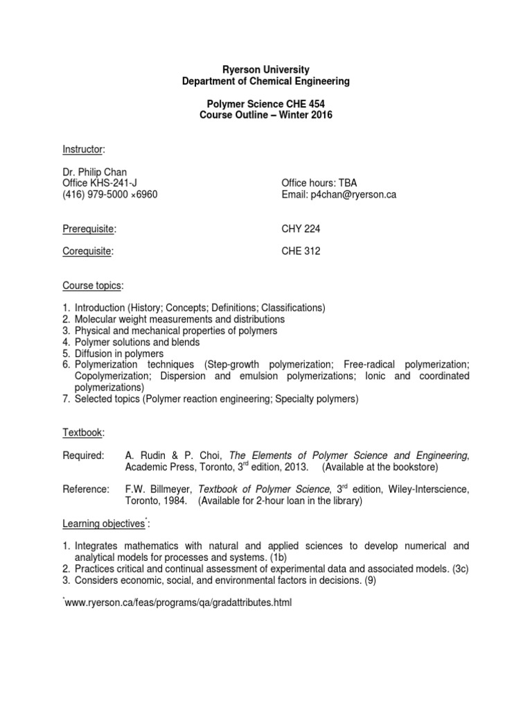 An Introduction to Polymer Science: Course Outline for CHE 454 Polymer ...