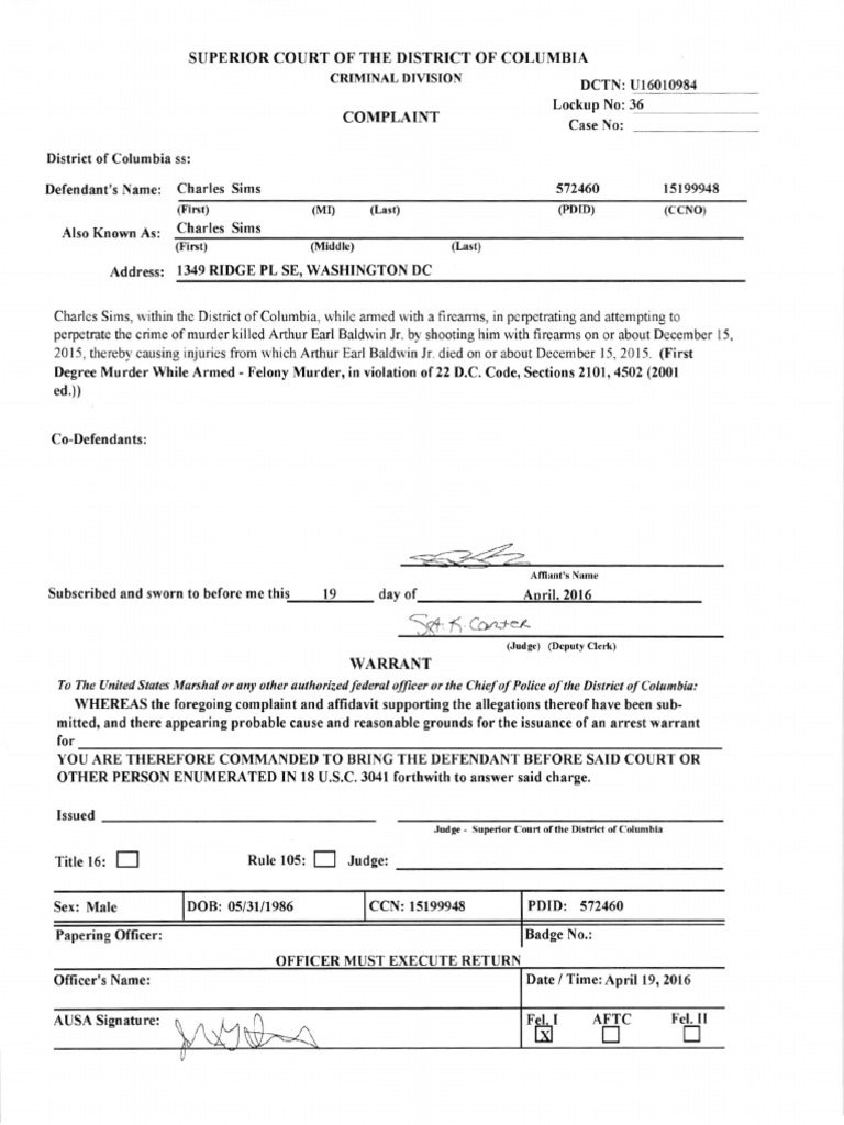 Charles Sims Charging Documents | PDF | Arrest Warrant | Criminal Justice