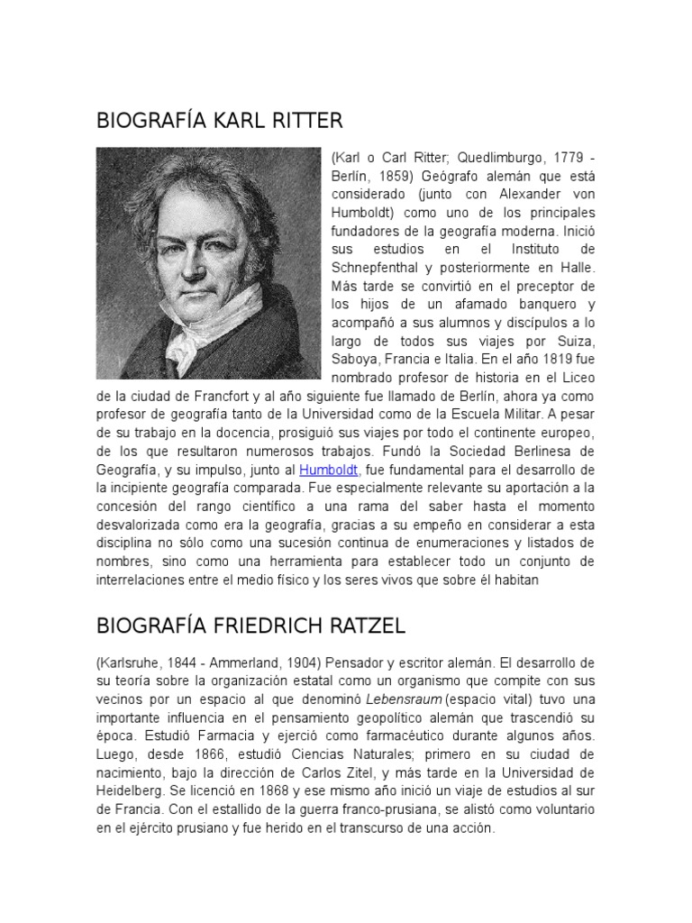 Biografia Karl Ritter, Federico Ratzel, Paul Vidal | PDF | Geografía ...