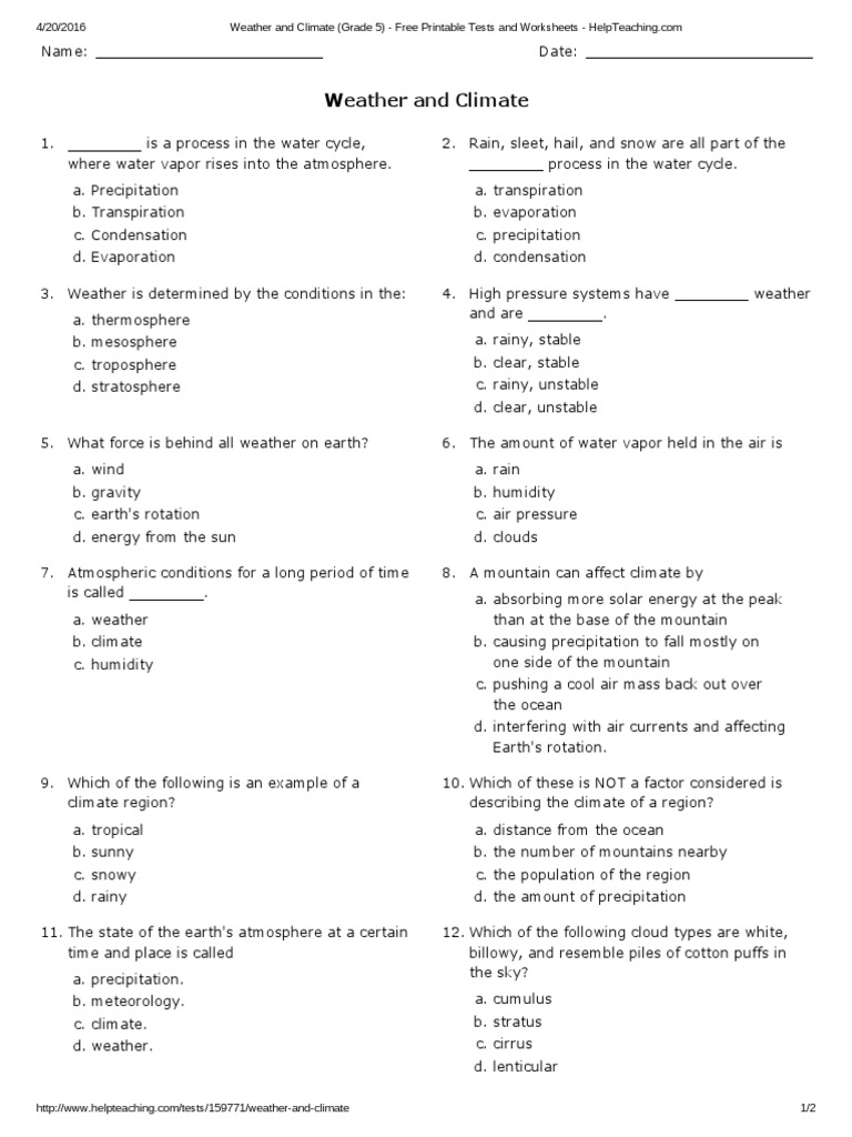 Grade 5 Weather and Climate Worksheets | PDF | Cloud | Weather