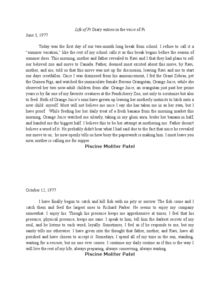 Life of Pi Diary Entries in The Voice of Pi: Piscine Moliter Patel | PDF