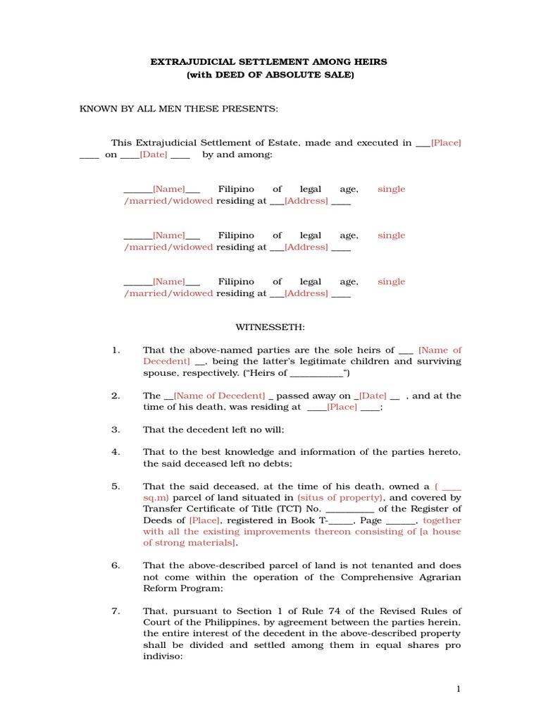 Sample Extrajudicial Settlement Among Heirs (With Deed of Absolute Sale ...