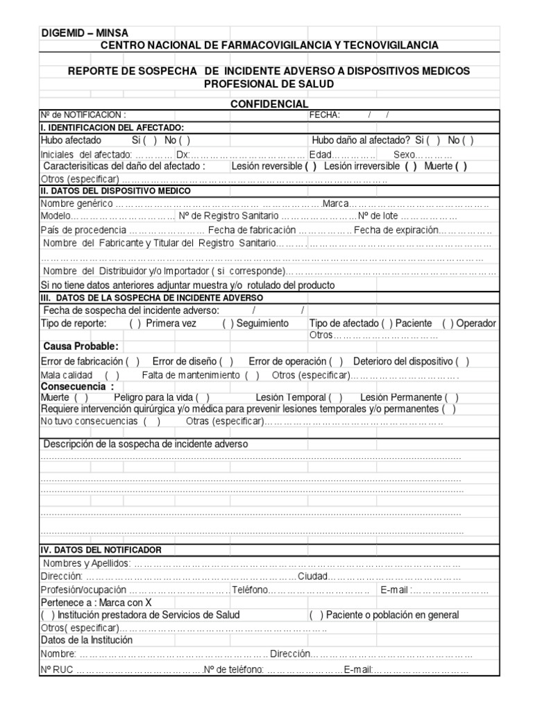 Formato De Tecnovigilancia Dispositivo Médico Farmacéutico