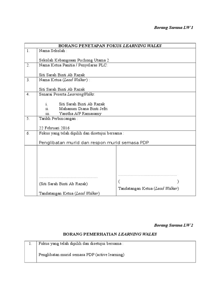 Borang Learning Walks LW1 LW2 DAN LW3 SAINS Mac | PDF