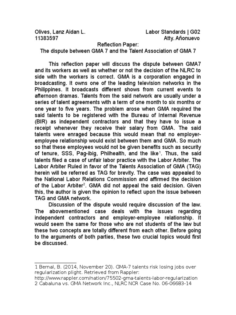 Olives Labor Law Reflection Paper | PDF | Independent Contractor ...